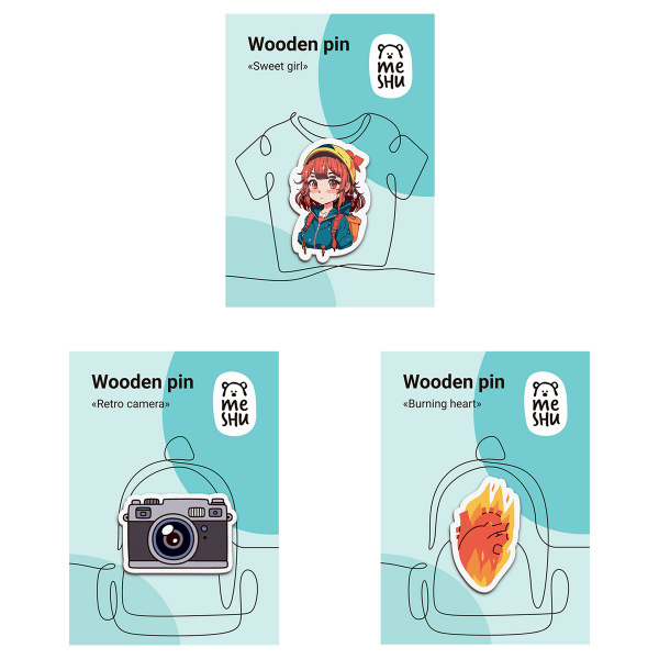 Набор деревянных значков MESHU "Burning heart", каширование, 3шт. купить на OZON по низкой цене ...