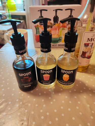 Набор сиропов Spoom для кофе Ванильные вафли, Брауни, Попкорн в фирменной упаковке (3 шт по 330 ...