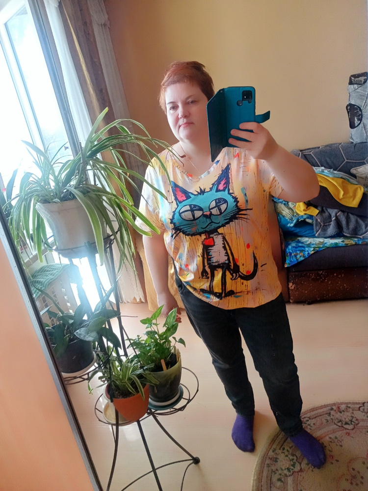 Футболка Женский васильковый Короткий, размер 48 Политекс Животные ...