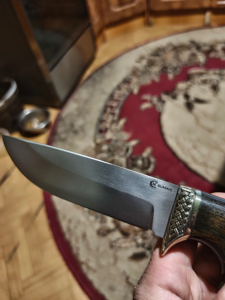 Нож из стали ELMAX Близнец, рукоять мельхиор, микарта, ножны из натуральной кожи, официальный ...