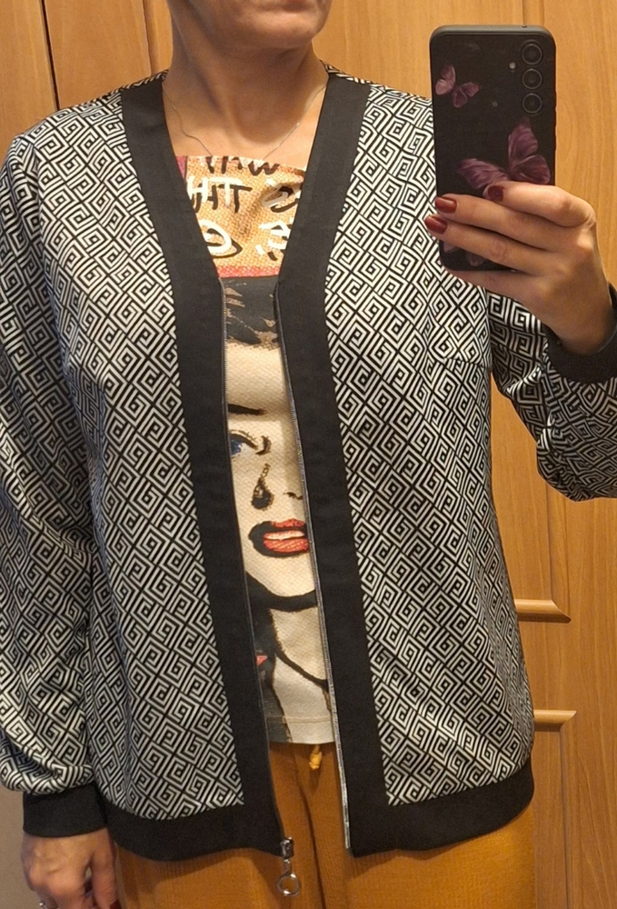 Пиджак Женский BELLMELODY черный, светло-серый, размер 50 Трикотаж Молния свободный Длинный ...