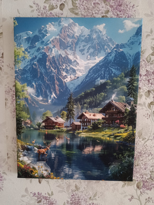 Картина на холсте (Альпы, горы, озеро, домики, олень, вода, зелень ...