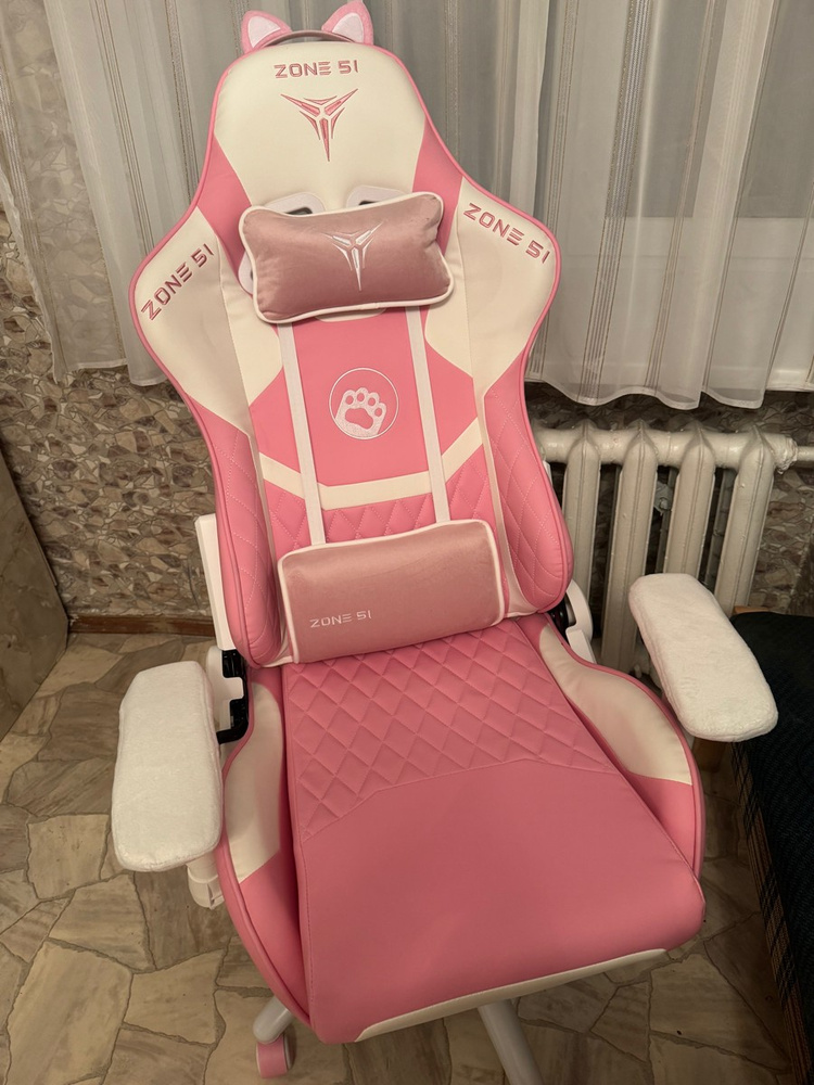 Кресло компьютерное игровое розовое, геймерский стул с котиком ZONE 51 ...