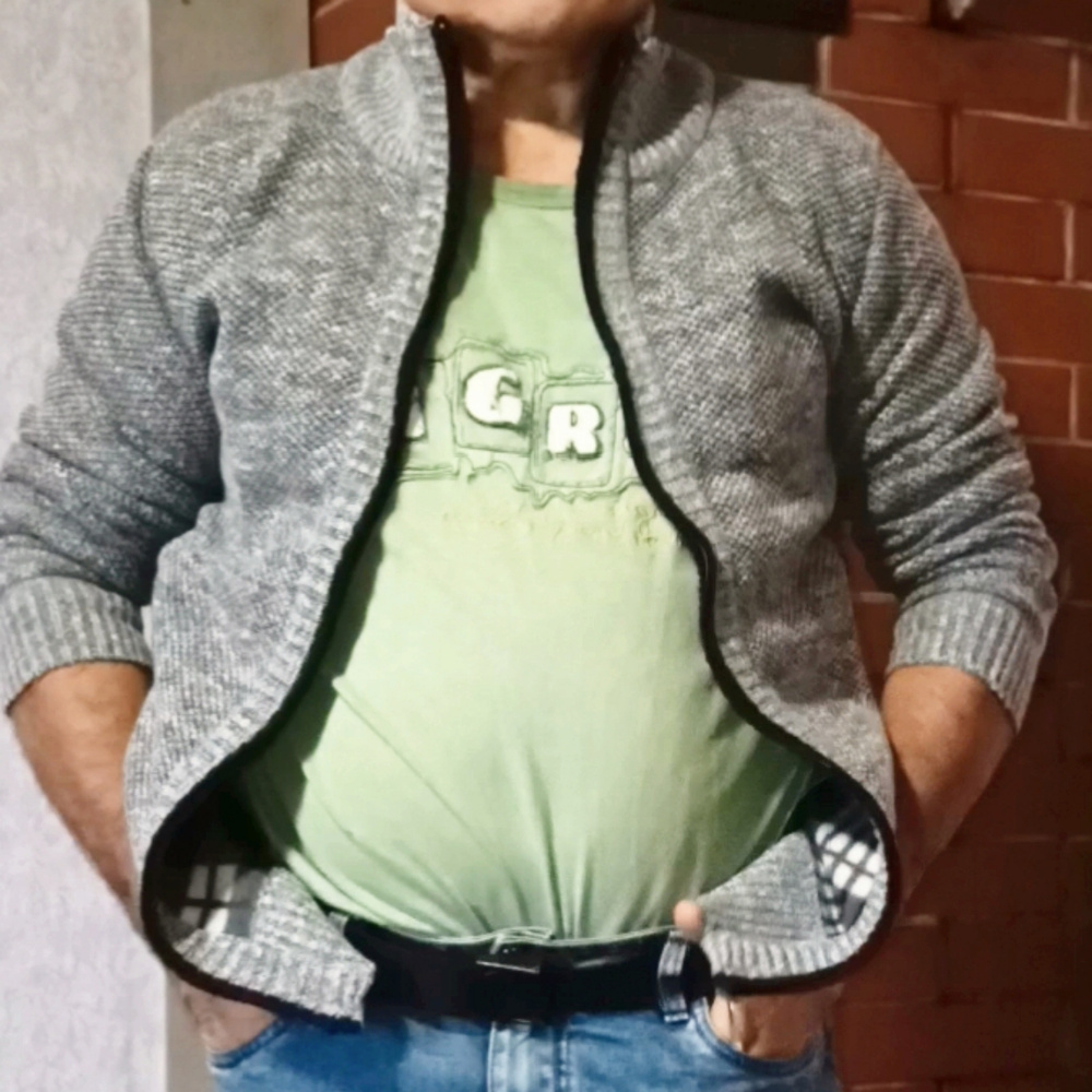 Кардиган Мужской MOOCIE синий серый Политекс, размер 50 Молния свободный Длинный Однотонный ...