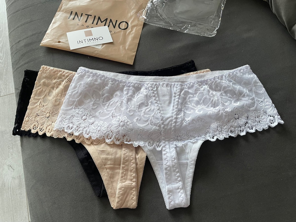 Комплект трусов Женский INTIMNO бразильяна, стринги Хлопок, Эластан белый, бежевый, размер 46 ...