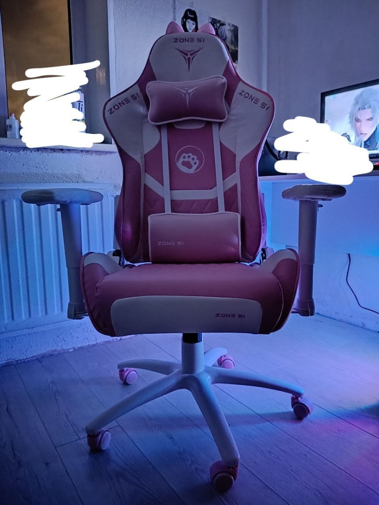Кресло компьютерное игровое розовое, геймерский стул с котиком ZONE 51 ...