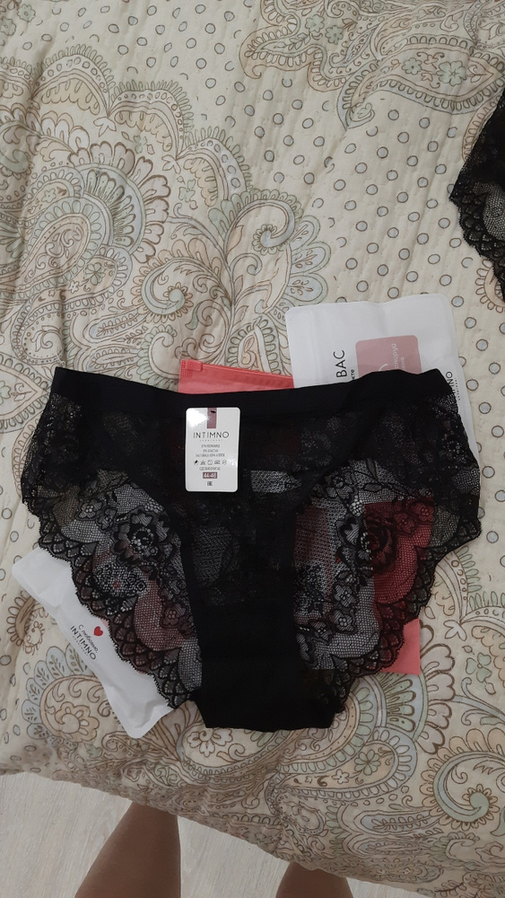 Комплект трусов Женский INTIMNO слипы Хлопок, Спандекс черный, размер 44, 46 Средняя Кружево ...